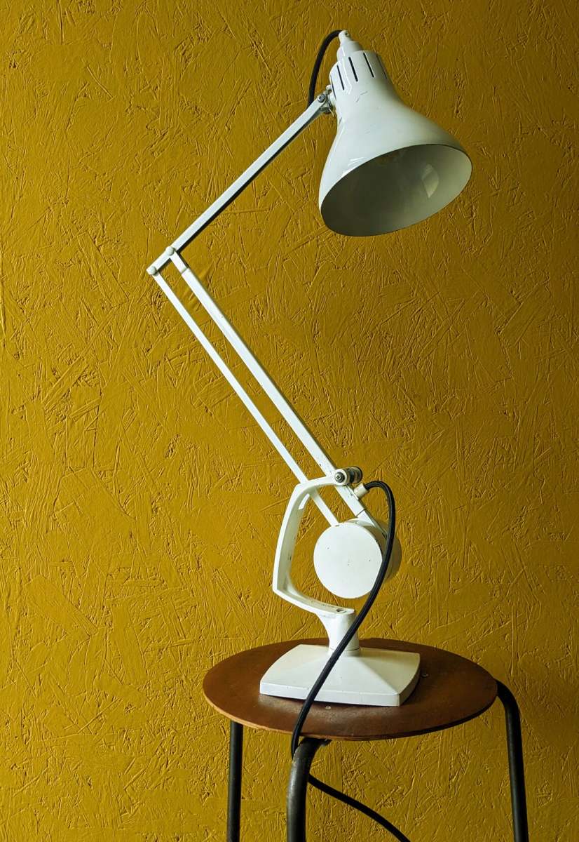 Hadrill and Horstmann white desk lamp, midcentury counterbalance roller ...