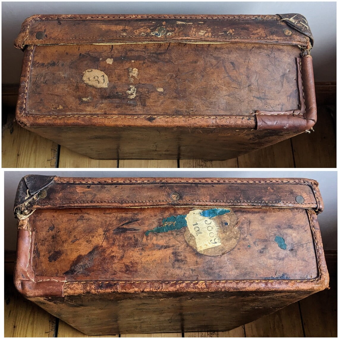 Early 20th century tan leather suitcase with beautiful patina - Oaky ...