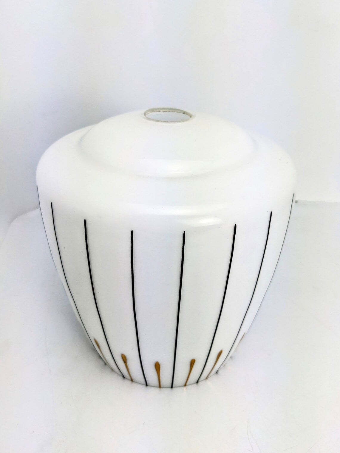 Midcentury pendant light shade, opaline glass with black lines and gold ...