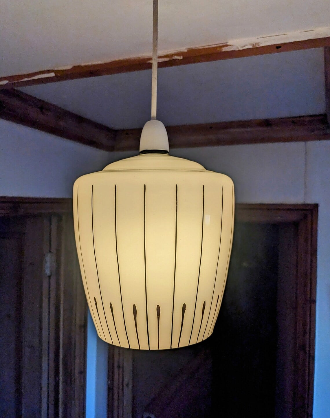 Midcentury pendant light shade, opaline glass with black lines and gold ...