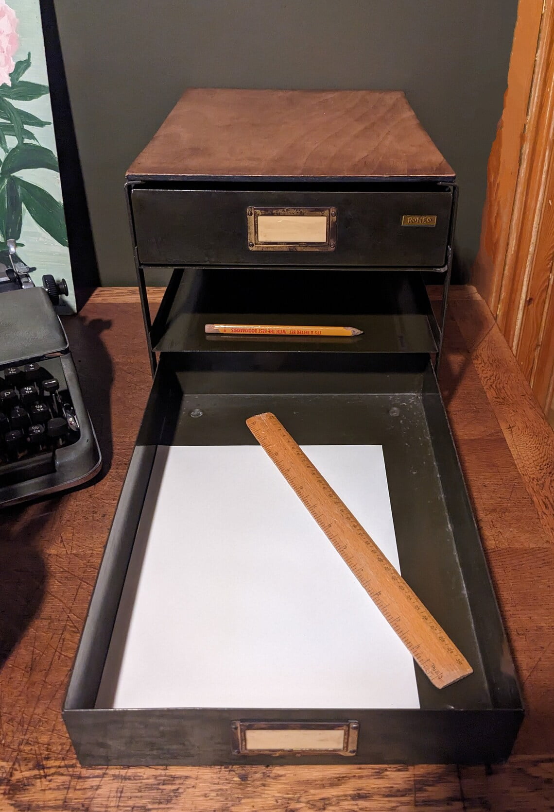 1930s set of green Roneo filing drawers with brass label holders - Oaky ...
