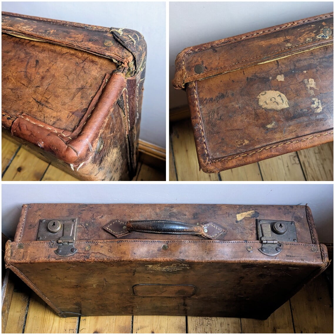 Early 20th century tan leather suitcase with beautiful patina - Oaky ...