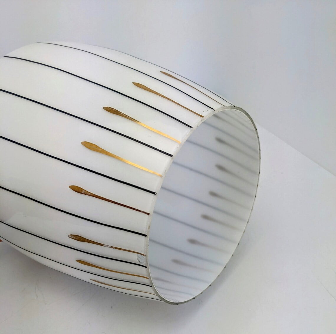 Midcentury pendant light shade, opaline glass with black lines and gold ...