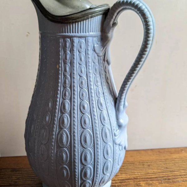Mid-late 19th Century powder blue water jug with pewter lid by H Hall ...