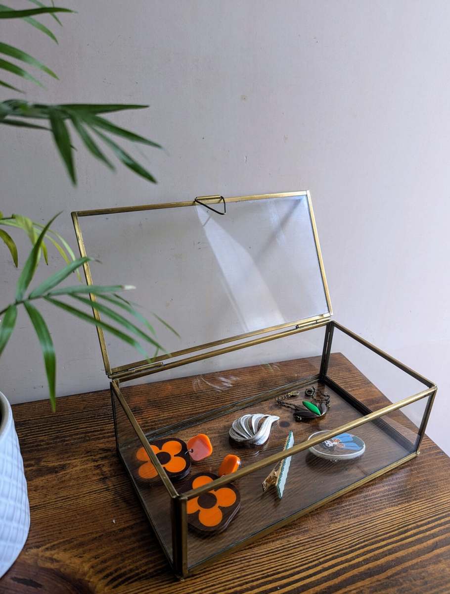 Brass and glass display case with hinged lid - Oaky Doke Vintage Home