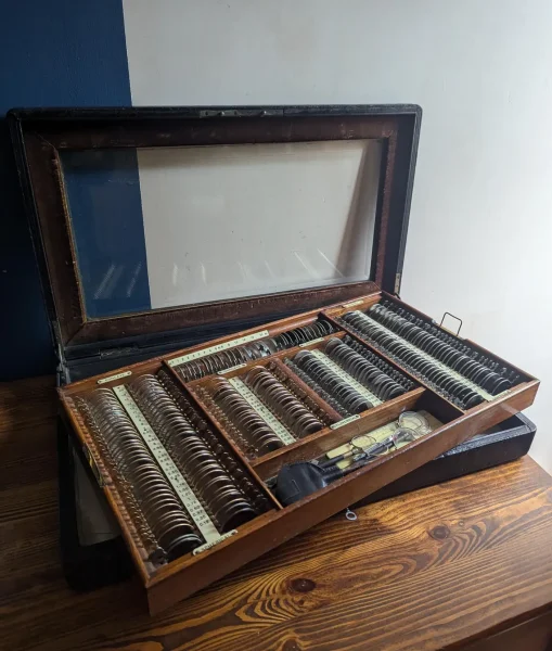 Antique complete set of Opticians testing lenses, two test frames ...