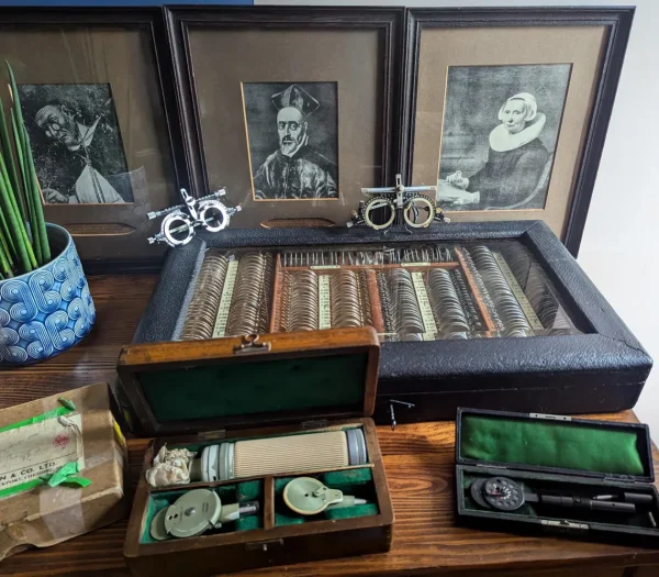 Antique complete set of Opticians testing lenses, two test frames ...