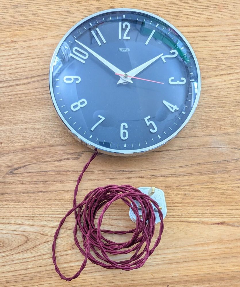 1960s Metamec dark blue electric wall clock, new burgundy twill cable ...