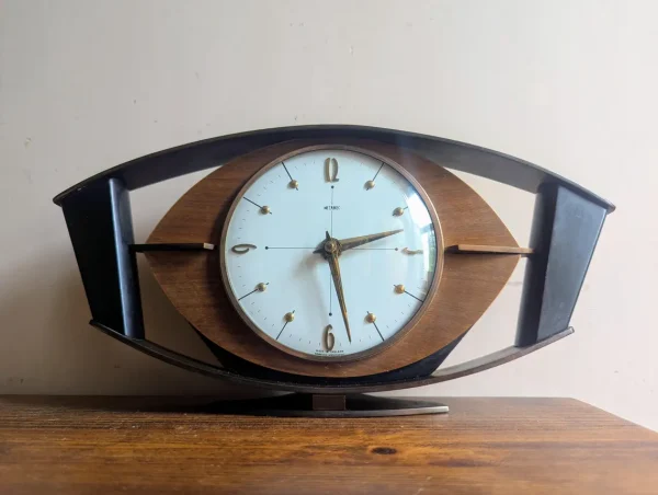 Midcentury Metamec teak and gold eye shape mantel clock with original ...