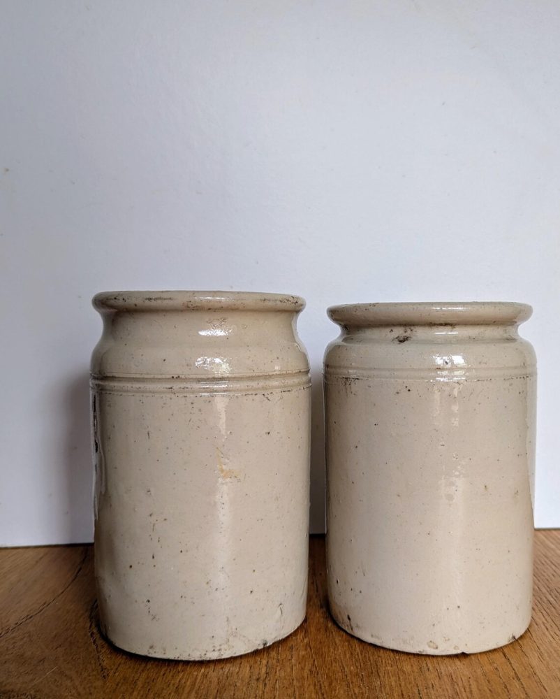 Two antique stoneware preserve pots - Oaky Doke Vintage Home