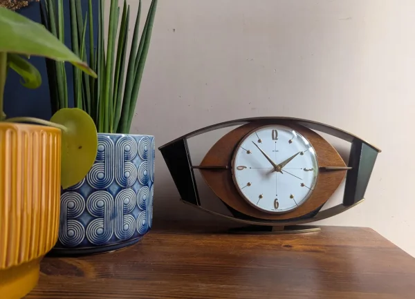 Midcentury Metamec teak and gold eye shape mantel clock with new ...