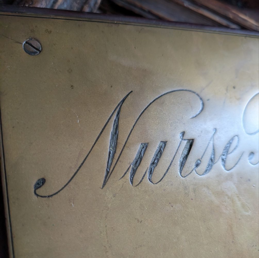 Early 20th century brass and oak hand engraved sign for the room of ...