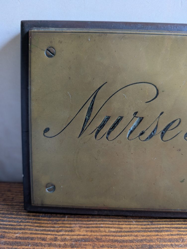 Early 20th century brass and oak hand engraved sign for the room of ...