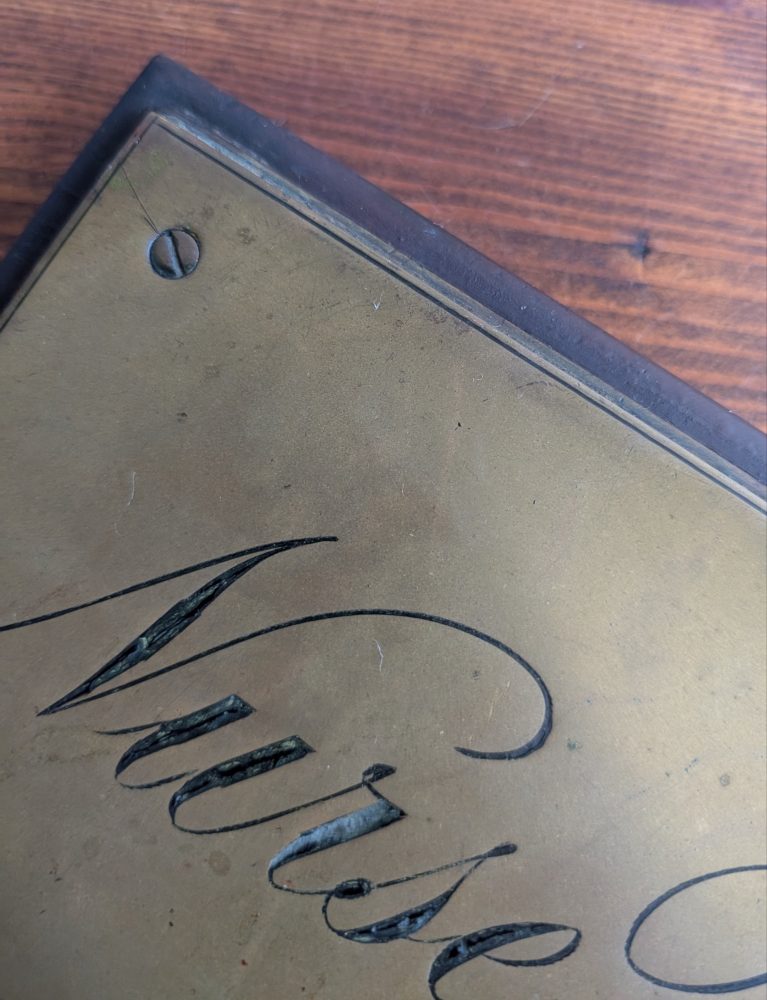 Early 20th century brass and oak hand engraved sign for the room of ...