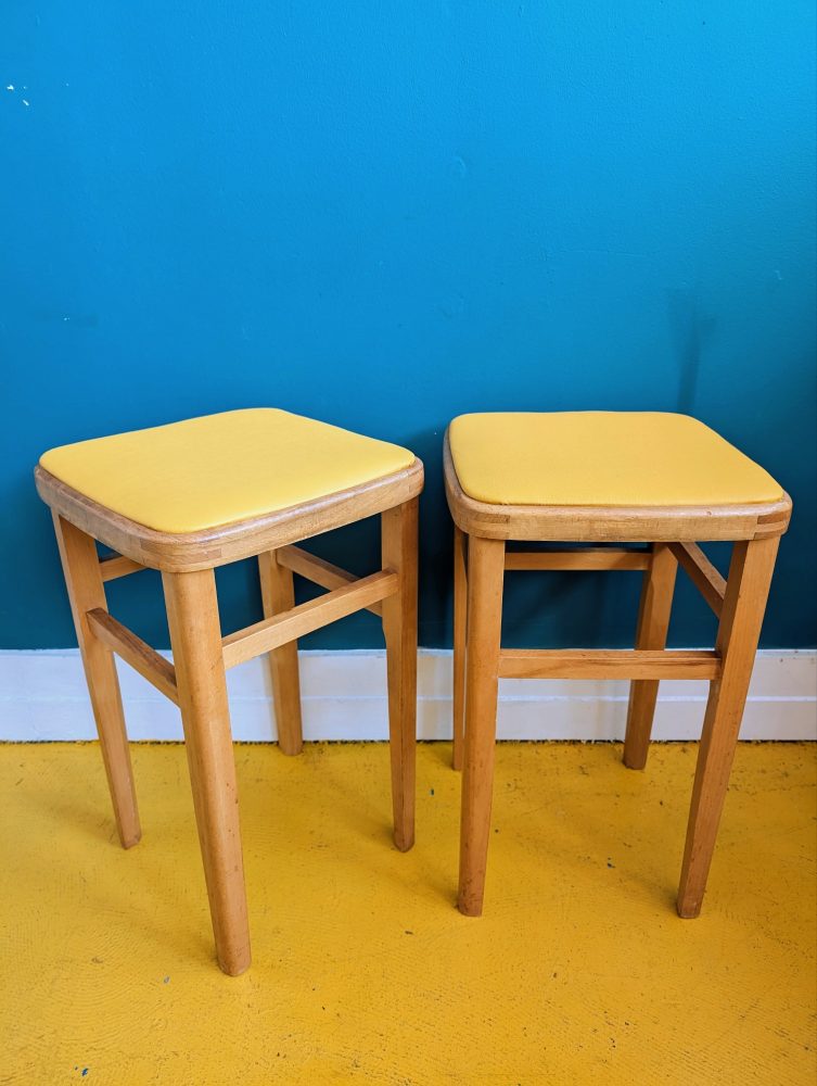 Pair of vintage beech wood kitchen stools with newly reupholstered faux ...