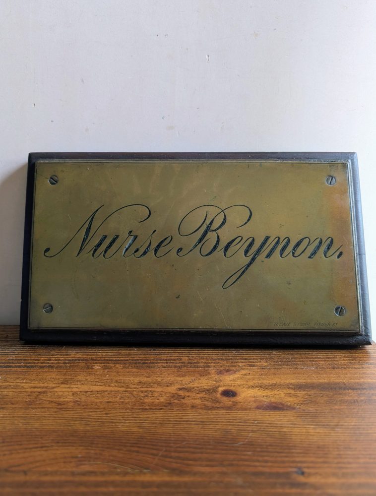 Early 20th century brass and oak hand engraved sign for the room of ...