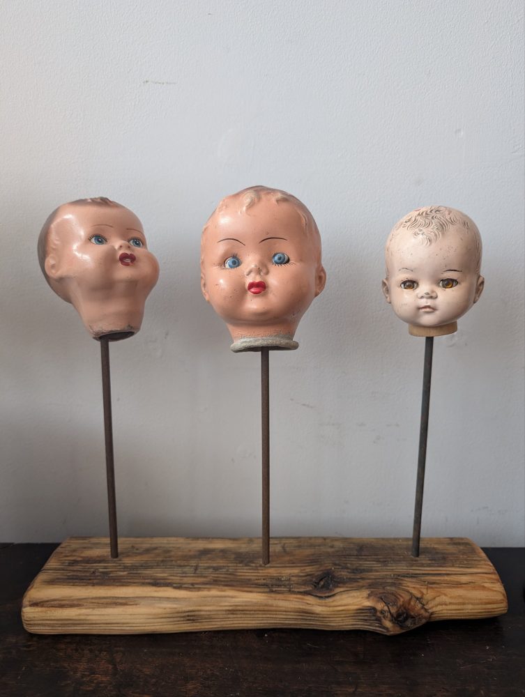 Three vintage dolls heads mounted on stand | Oaky Doke Vintage Home