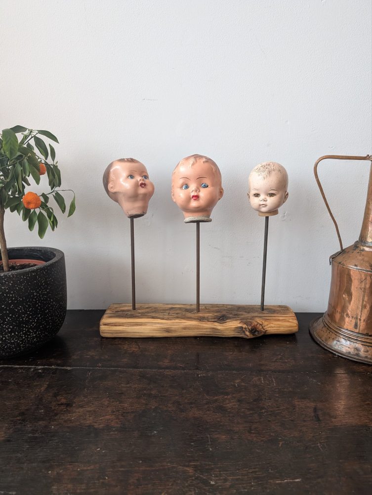 Three vintage dolls heads mounted on stand | Oaky Doke Vintage Home