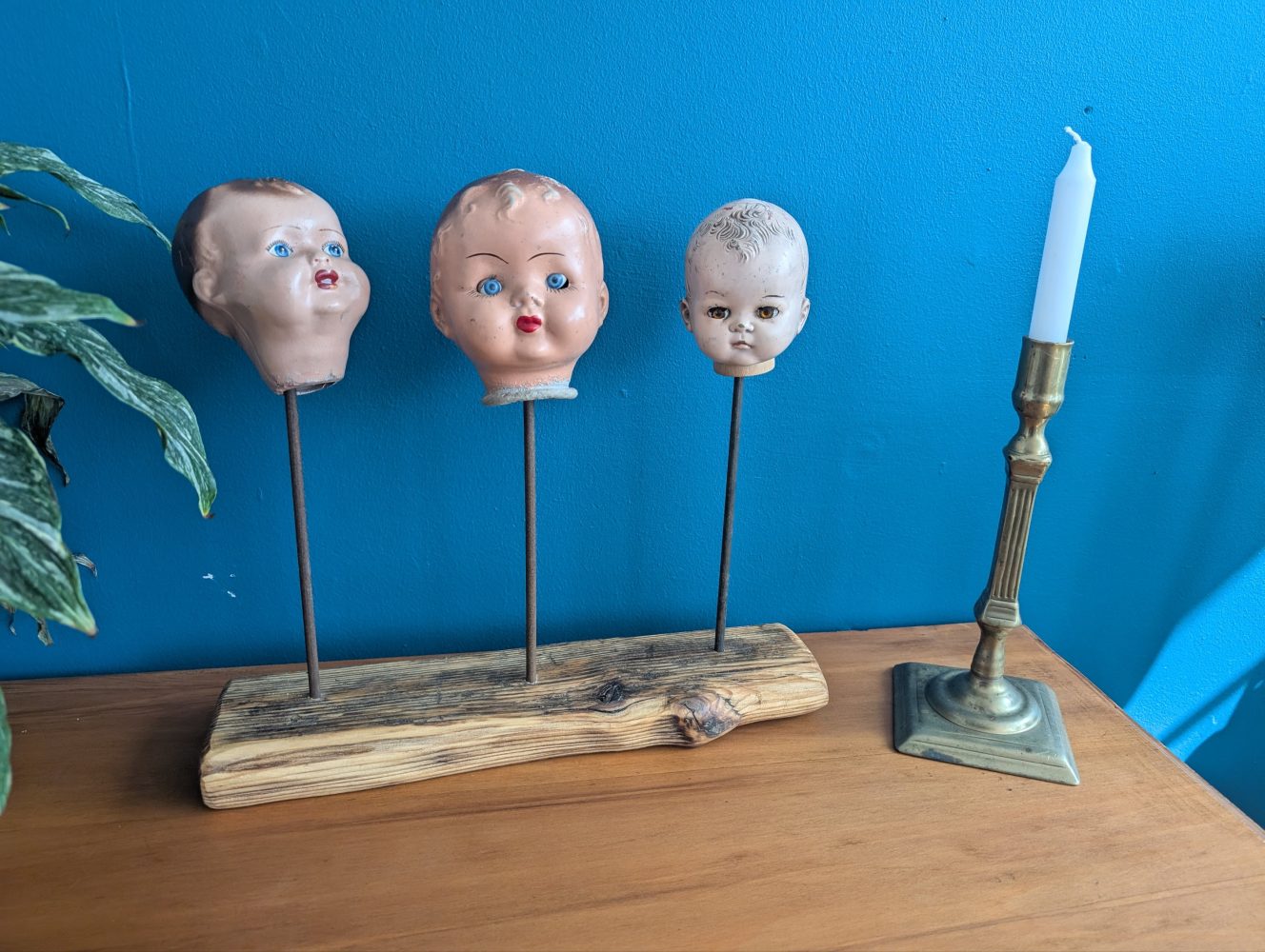 Three vintage dolls heads mounted on stand | Oaky Doke Vintage Home