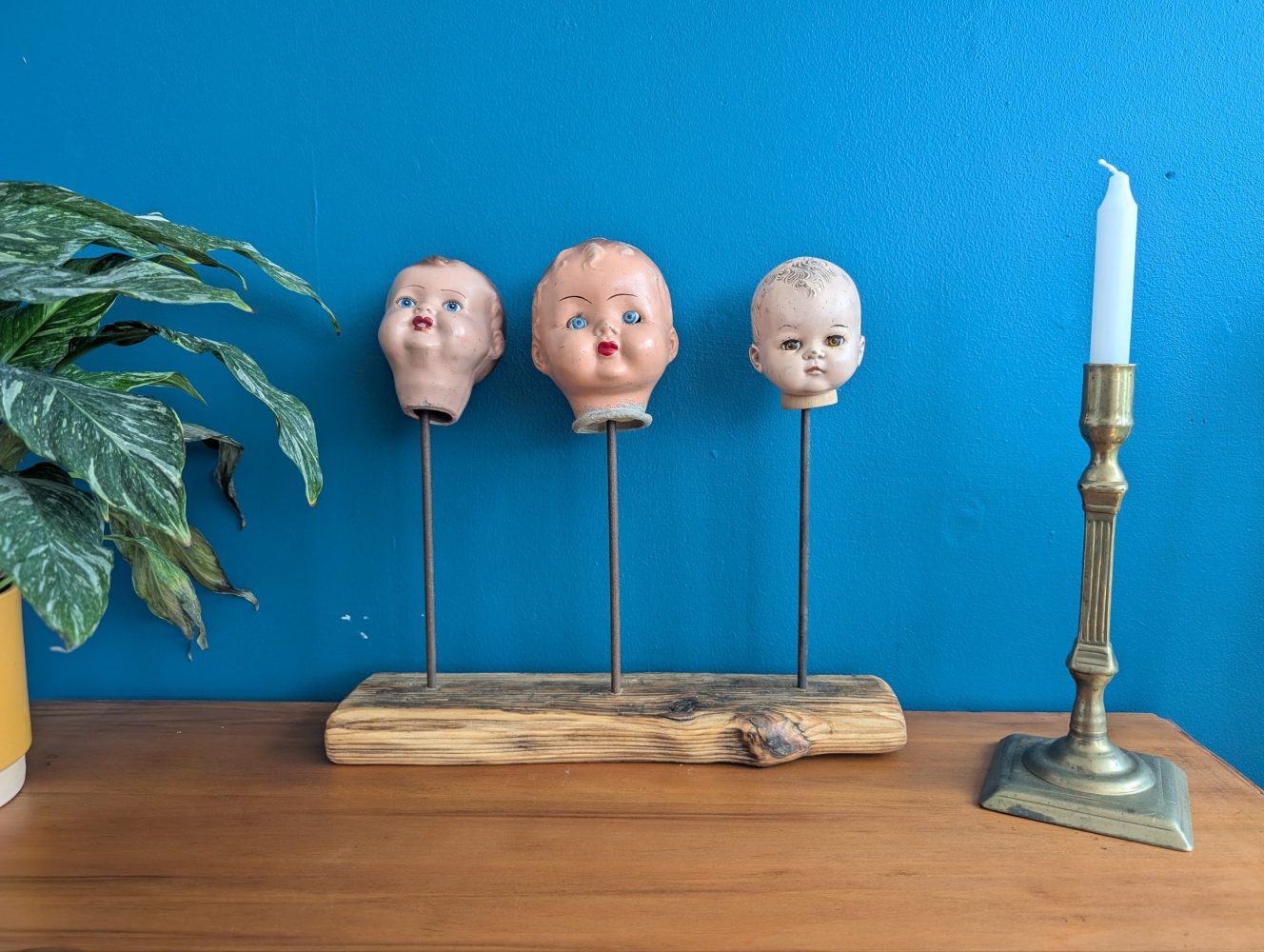 Three vintage dolls heads mounted on stand | Oaky Doke Vintage Home