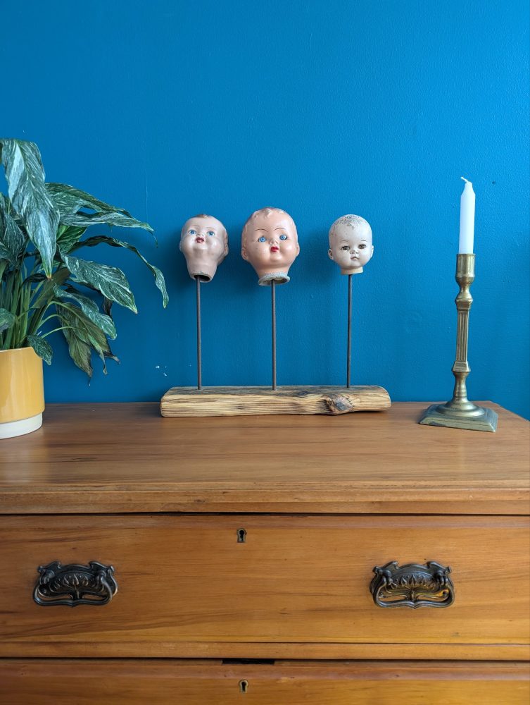 Three vintage dolls heads mounted on stand | Oaky Doke Vintage Home