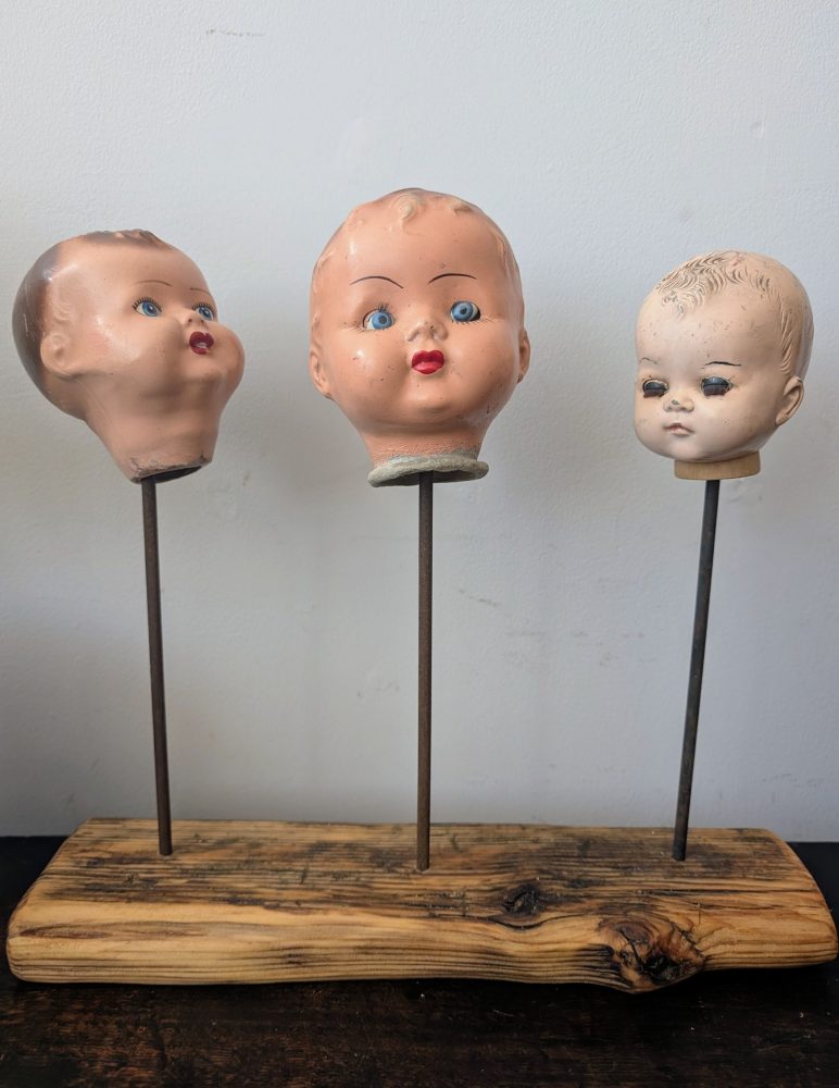 Three vintage dolls heads mounted on stand | Oaky Doke Vintage Home