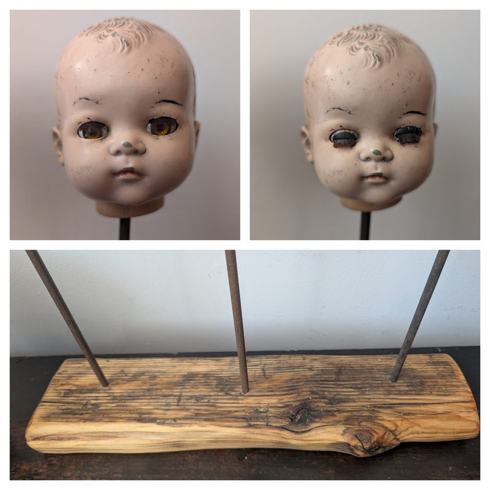 Three vintage dolls heads mounted on stand | Oaky Doke Vintage Home