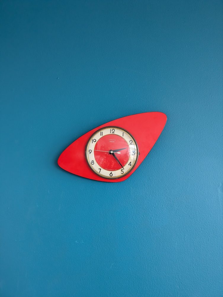 1960s French red assymetric Vedette wall clock, new battery movement ...