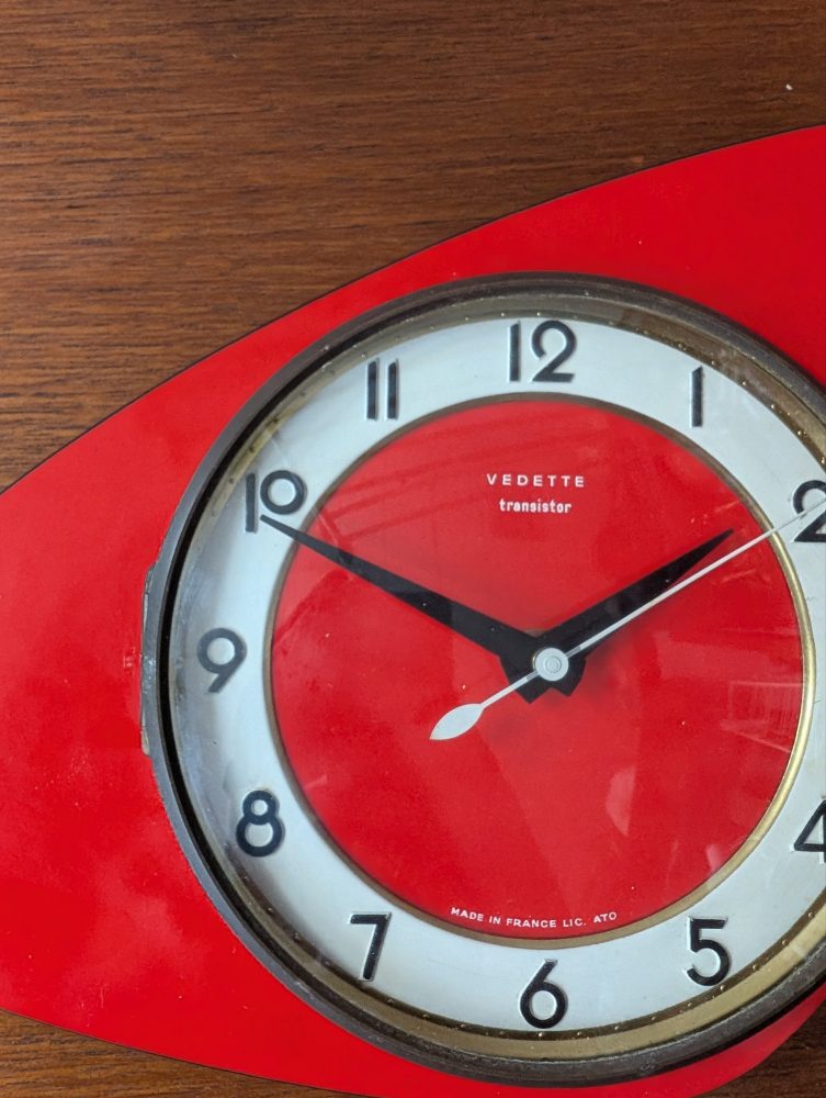 1960s French red assymetric Vedette wall clock, new battery movement ...