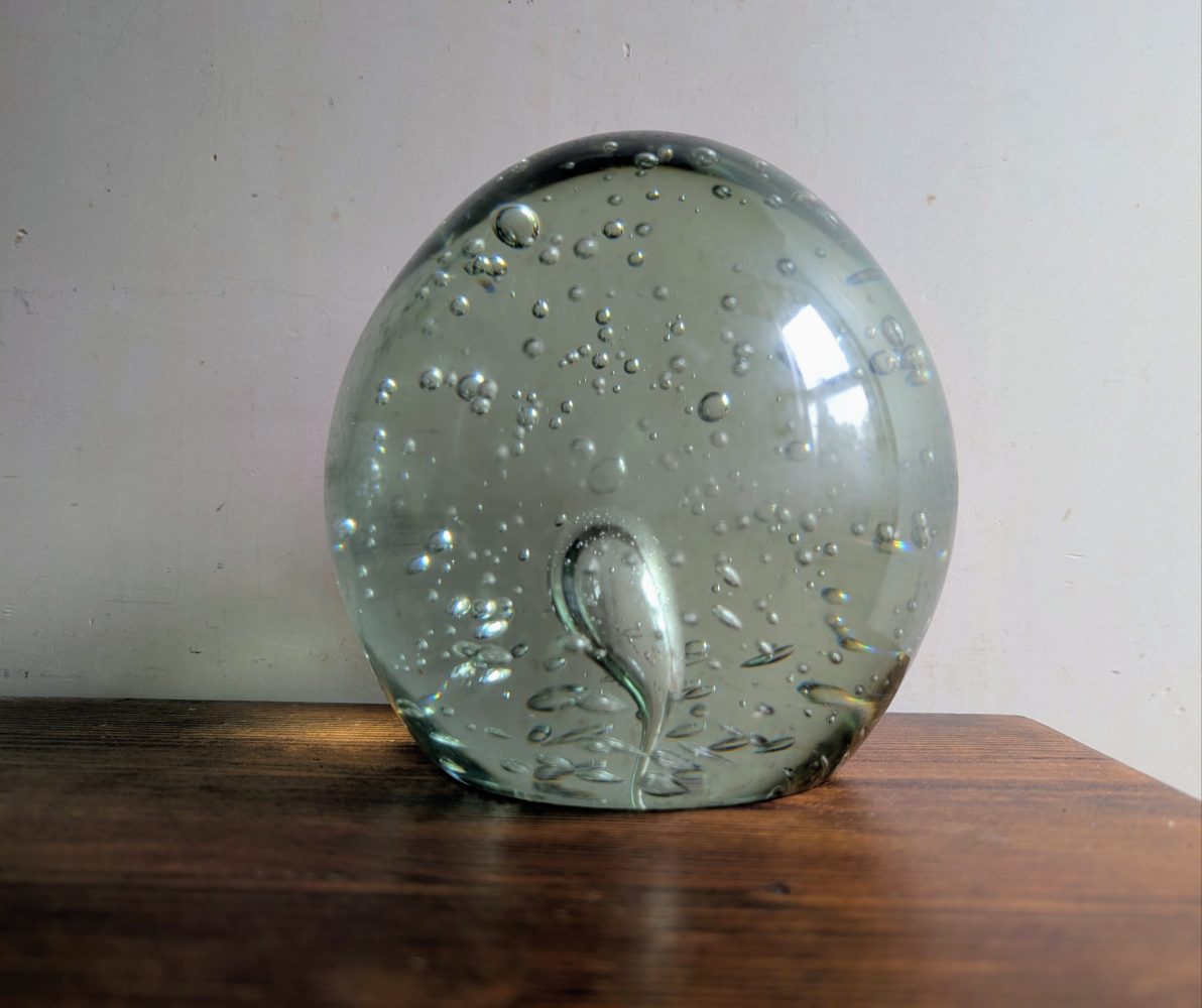 Large green glass dump with bubbles - Oaky Doke Vintage Home