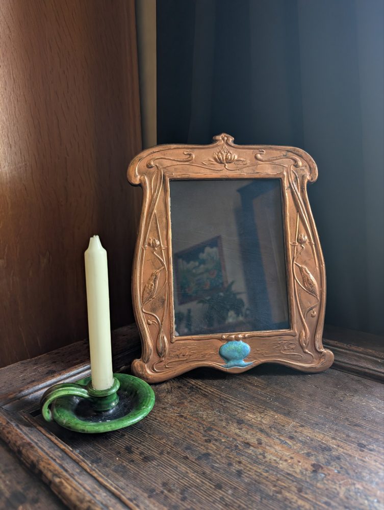 Large early 1900s original Art Nouveau copper and oak picture frame ...