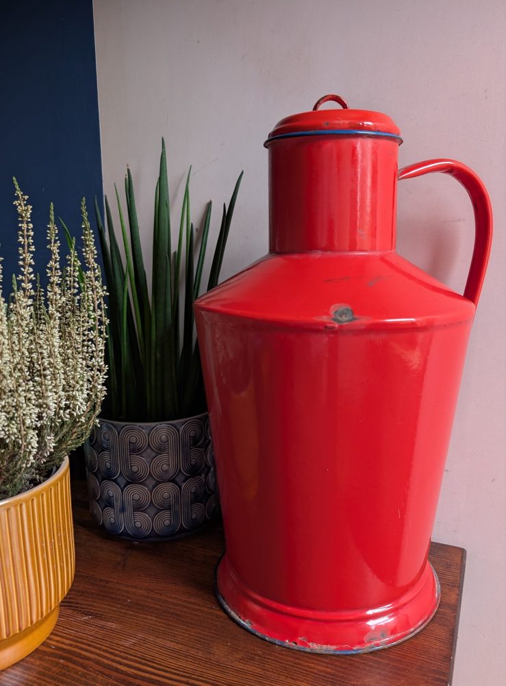 Large red enamel lidded vintage water jug | Oaky Doke Vintage Home