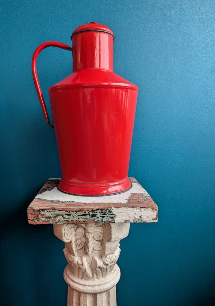 Large red enamel lidded vintage water jug | Oaky Doke Vintage Home