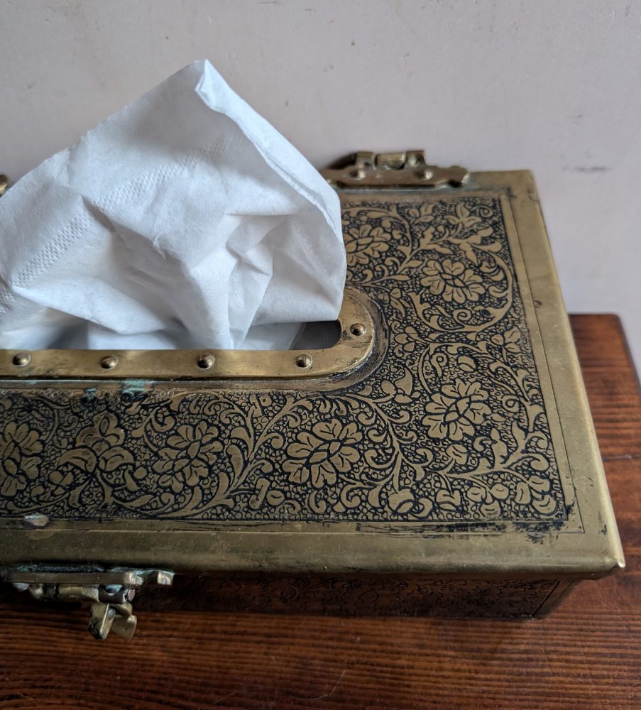 Ornately embossed brass tissue box | Oaky Doke Vintage Home