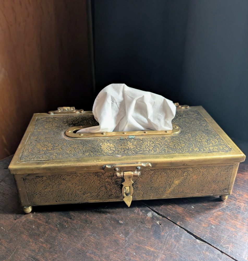 Ornately embossed brass tissue box | Oaky Doke Vintage Home
