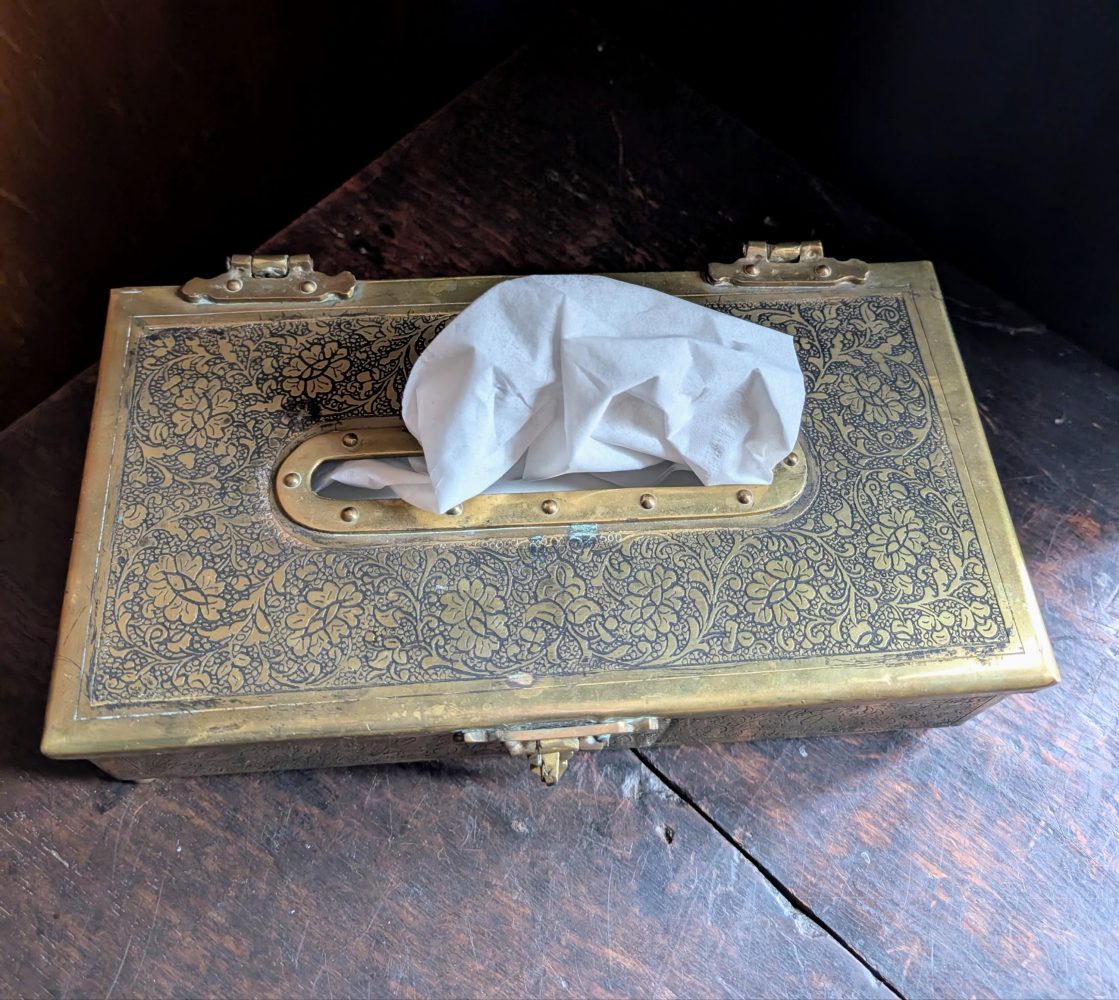 Ornately embossed brass tissue box | Oaky Doke Vintage Home