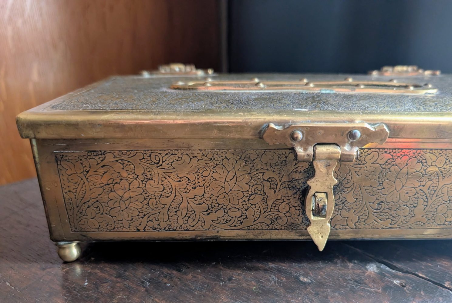 Ornately embossed brass tissue box | Oaky Doke Vintage Home