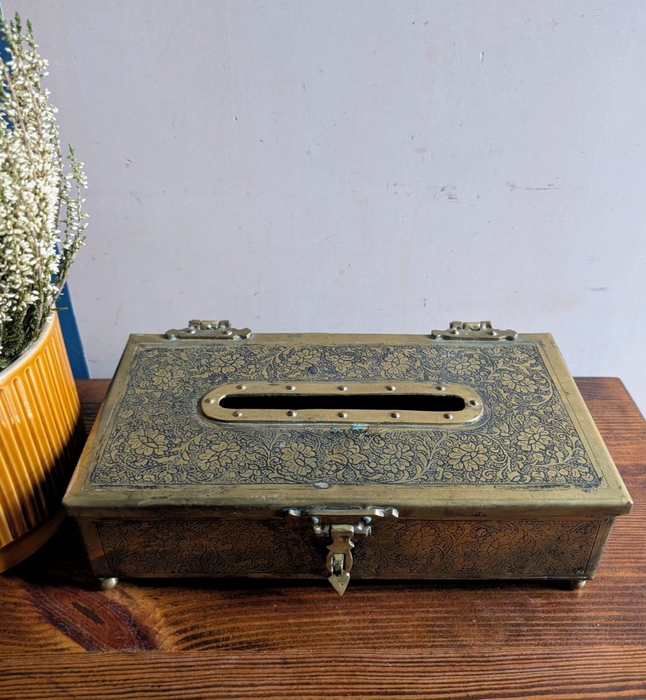Ornately embossed brass tissue box | Oaky Doke Vintage Home